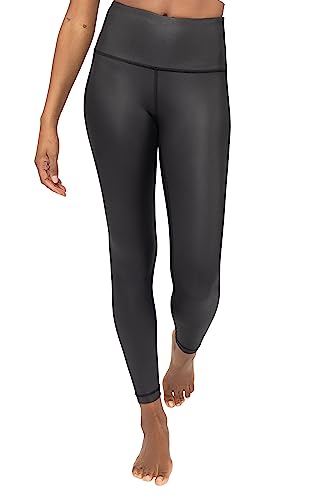 90 Degree By Reflex Women's High Waisted Tummy Control Squat Proof Faux Leather Pleather Ankle Leggings - Black Cire - Medium