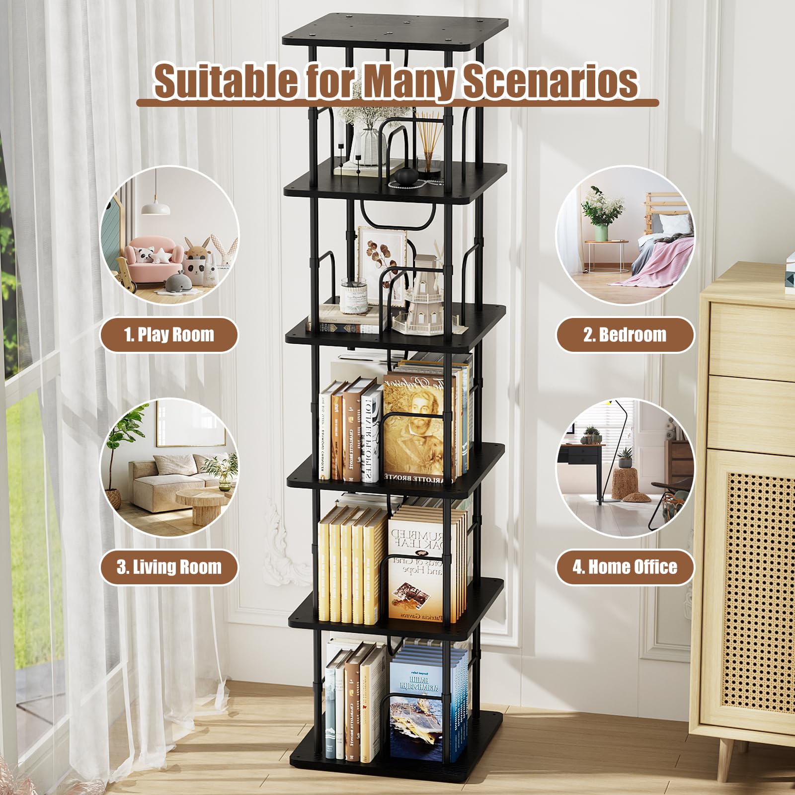 5 Tier Square Rotating Bookshelf, 360 ° Display Stackable Spinning Bookshelf Tower, Space Saving Tall Floor Standing Swivel Bookcase Corner Storage Organizer for Bedroom, Living Room, Rustic Brown