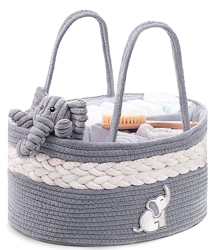 Cradle Star Diaper Caddy Organizer – Portable Baby Basket Diaper Storage Organizer with Compartments – Baby Diaper Caddy for Changing Table Nursery, Elephant Baby Shower Gifts - 100% Cotton Rope, Gray