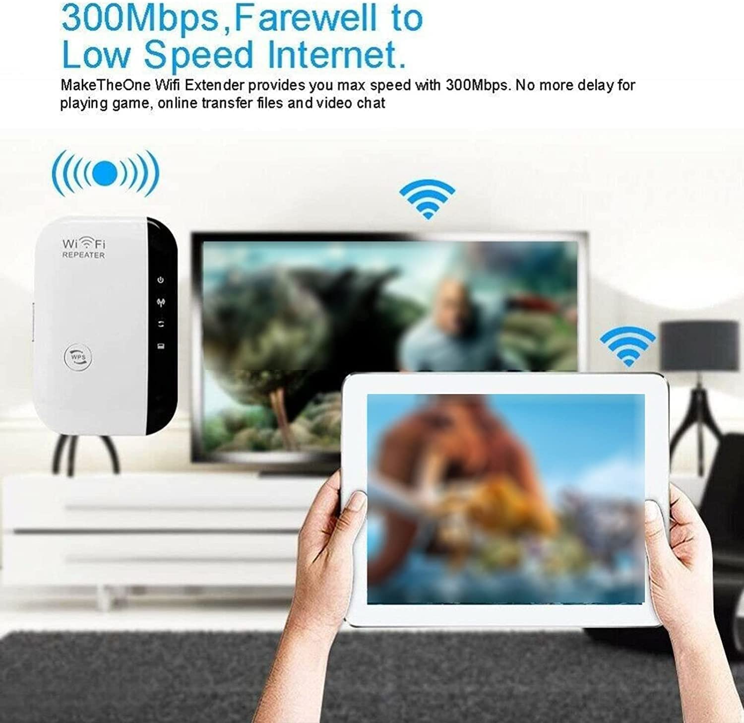 300Mbps WiFi Extender Signal Booster, Wireless Dual-Band Network Repeater, WiFi Range Extender, with Ethernet Port, 1-Tap Setup Access Point,Covers Up to 2640 Square Feet White