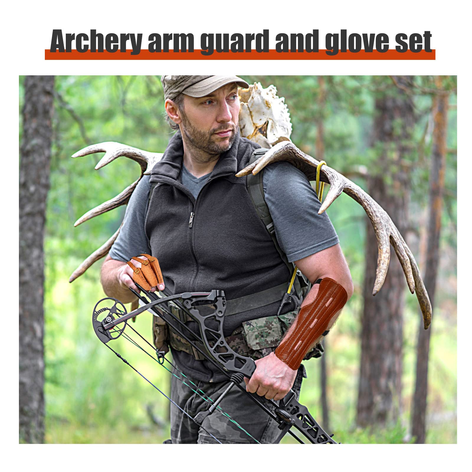 3 Straps Arm Guard with 3 Finger Glove Set Adjustable Archery Arm Guards Archery Glove Non Slip Protective Archery Accessories for Adult Unisex Recurve Compound Long Bow Hunting Target Shooting, Brown