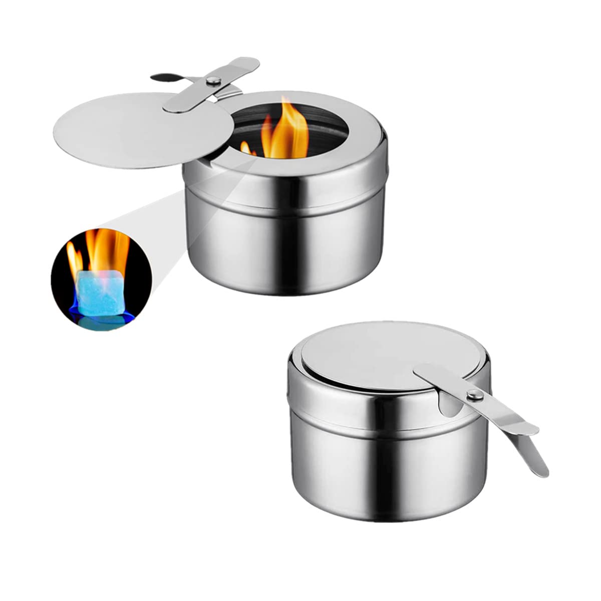 2Pcs Stainless Steel Chafer Wick Fuel Canned Heat Holder Fuel Holder with Safety Cover, Perfect for Buffets and Catering Events, Silver