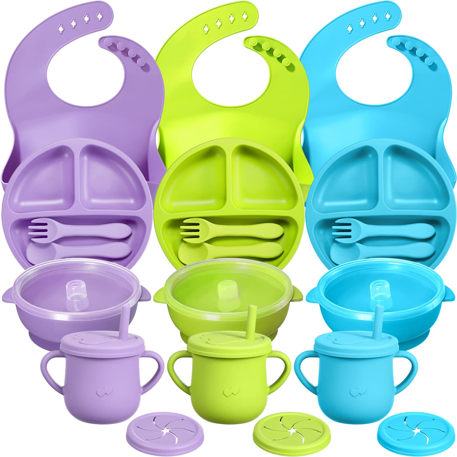 3 Sets Baby Led Weaning Supplies, Silicone Baby Feeding Set with Divided Plate Adjustable Bib Suction Bowl with Lid Snack Cup Soft Spoon Fork, Self Eating Utensil (Beige, Orange, Mint)