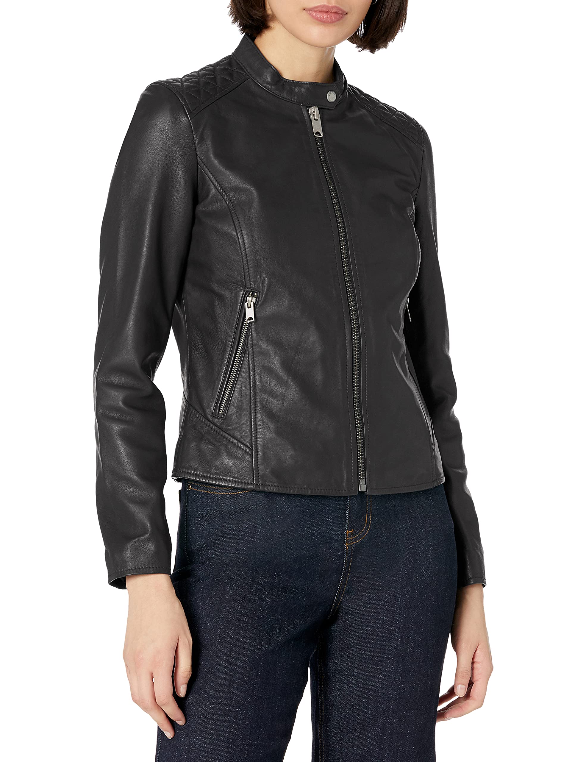 Andrew Marc Women's Goldie Racer Leather Moto Jacket, Black, X-Large