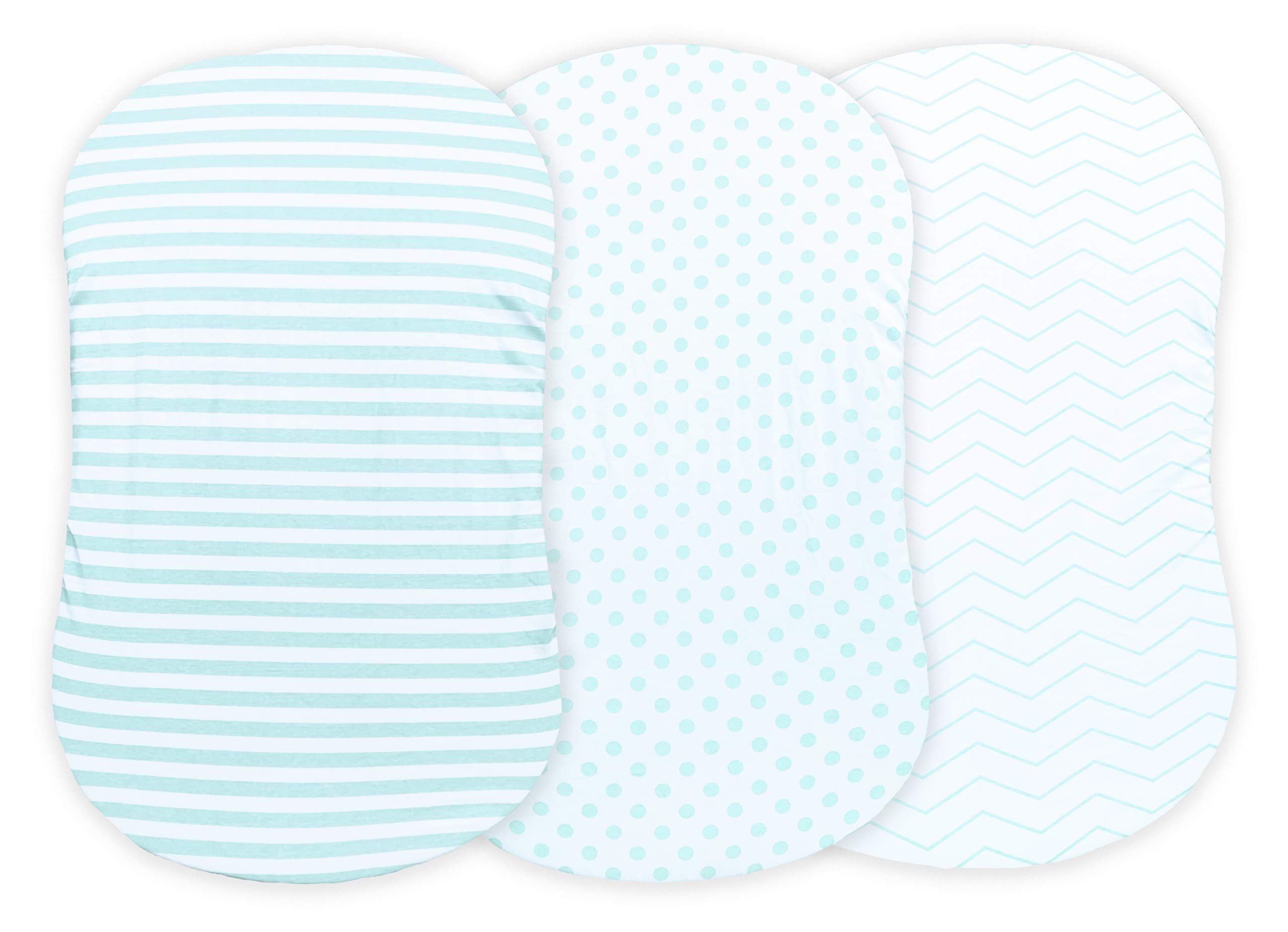 NODNAL CO. 3 Fitted Bassinet Sheets Mint Set Baby Girl/Boy - 100% Oeko-TEX Cotton - Gender Neutral Chevron Polka Dot Stripe Universal Fit - Cradle/Moses Basket Hourglass Oval Rectangle Mattress Sheet