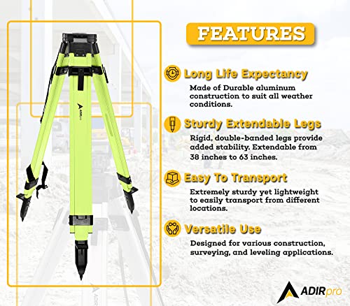 AdirPro High Visibility Universal Survey Tripod β Aluminum Laser Level Tripod β Transit Level Tripod - Quick Clamp - Heavy Duty Contractor Tripod 5/8β x 11β Thread (Green)