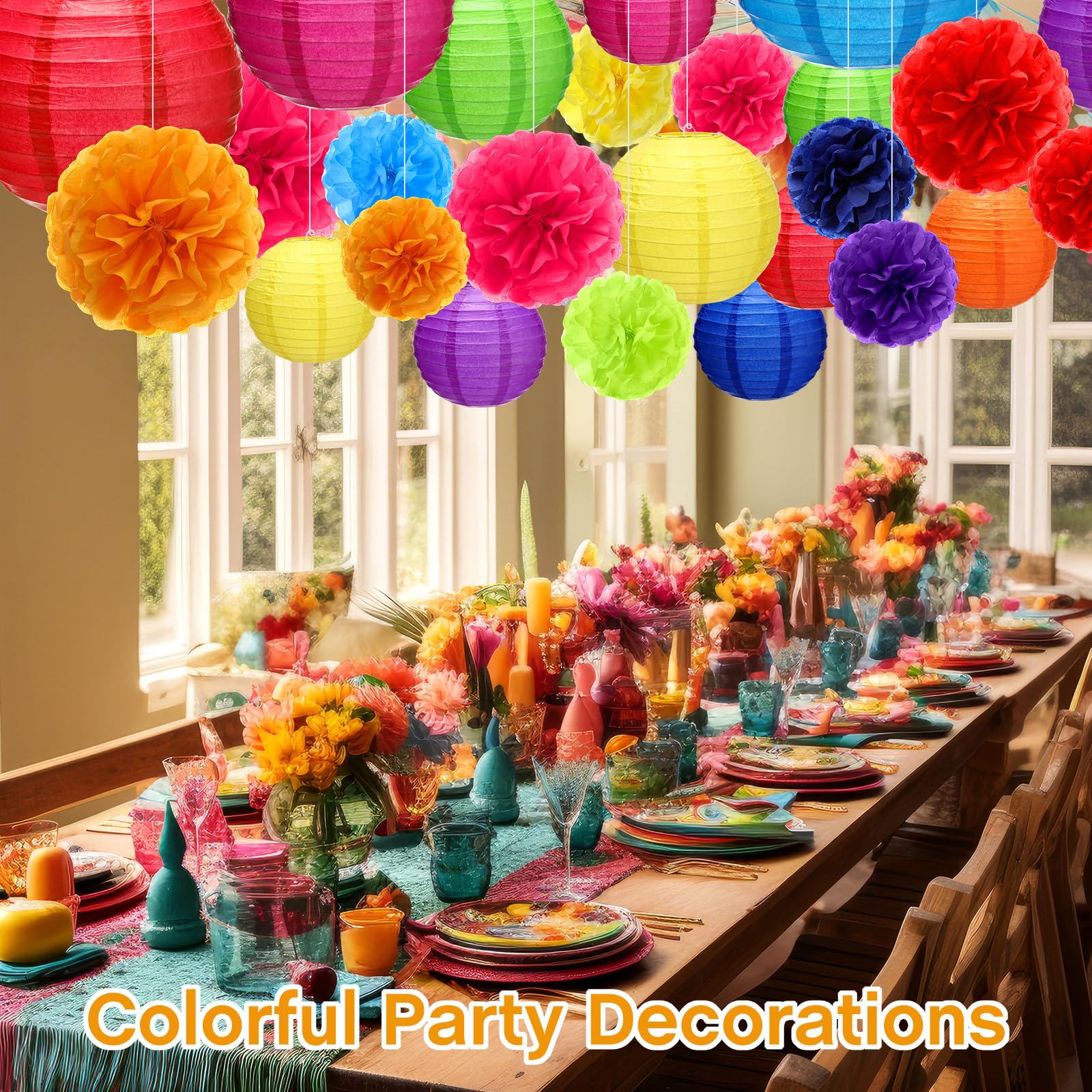 52 Pcs Rainbow Party Decorations 24 Rainbow Tissue Paper Pom Poms 28 Hanging Paper Lanterns Flowers Lanterns for Christmas Wedding Baby Shower Rainbow Birthday Decorations