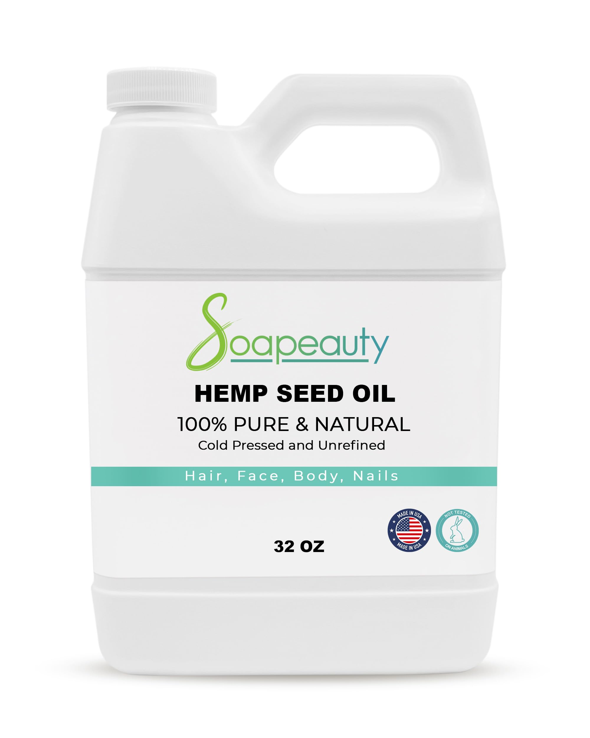 Soapeauty Hemp Seed Oil Unrefined Cold Pressed | Massage & Body Oil | for Skin, Face, Hair, and Soap Making | Carrier for Essential Oils | Rich in Omega Fatty Acids – 32 Fl Oz