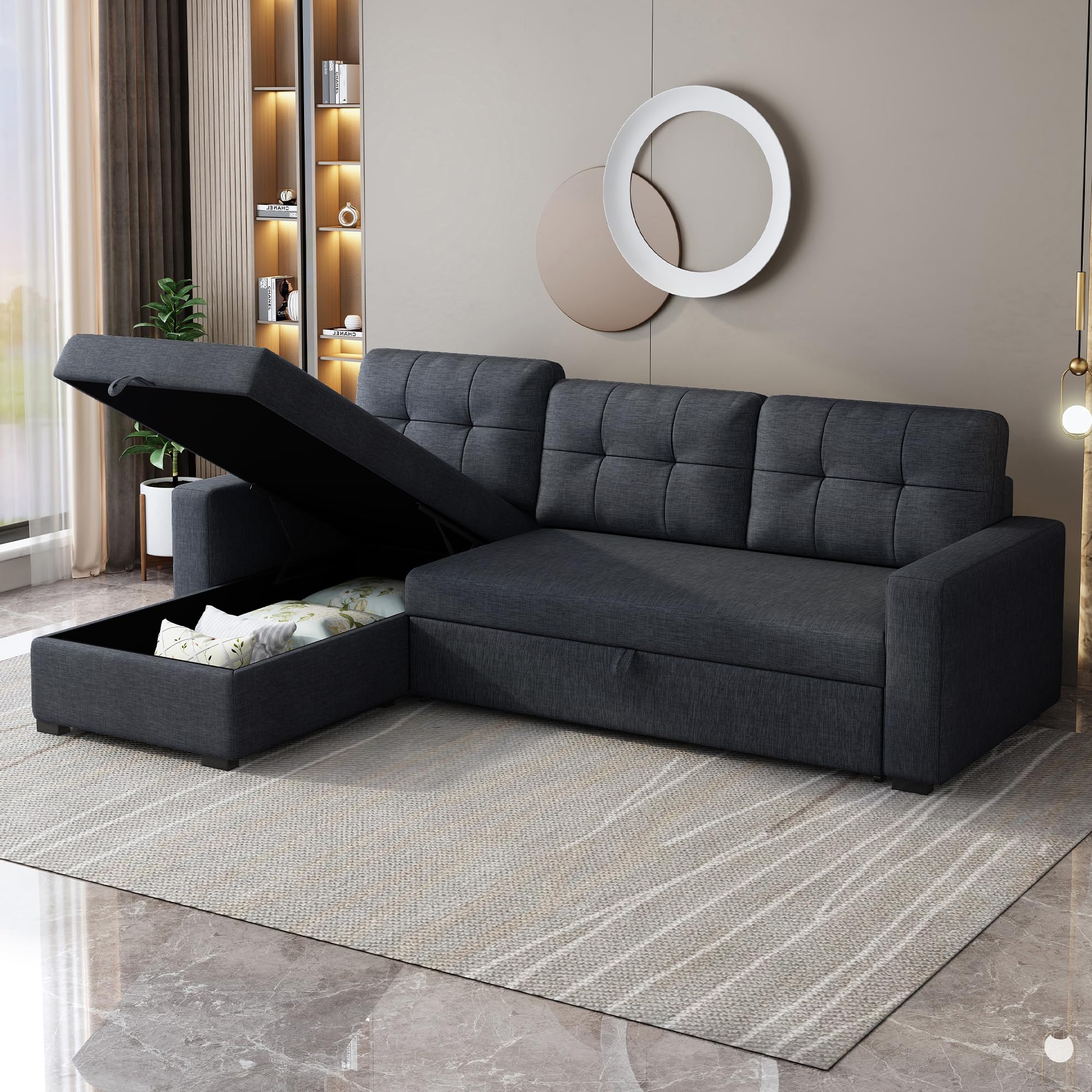 ACQCA 81.5" Sectional Sleeper Sofa with Storage Chaise, L Shaped Pull Out Couch Bed with 3 Removable Back Cushion for Living Room,Apartment,Office,Dark Grey