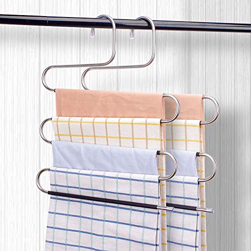8pcs Pants Hangers S-Type Jeans Trousers Hangers Stainless Steel Clothes Hangers Closet Space Saving for Pants Jeans Scarf Organizer (Black with 10 Clips)