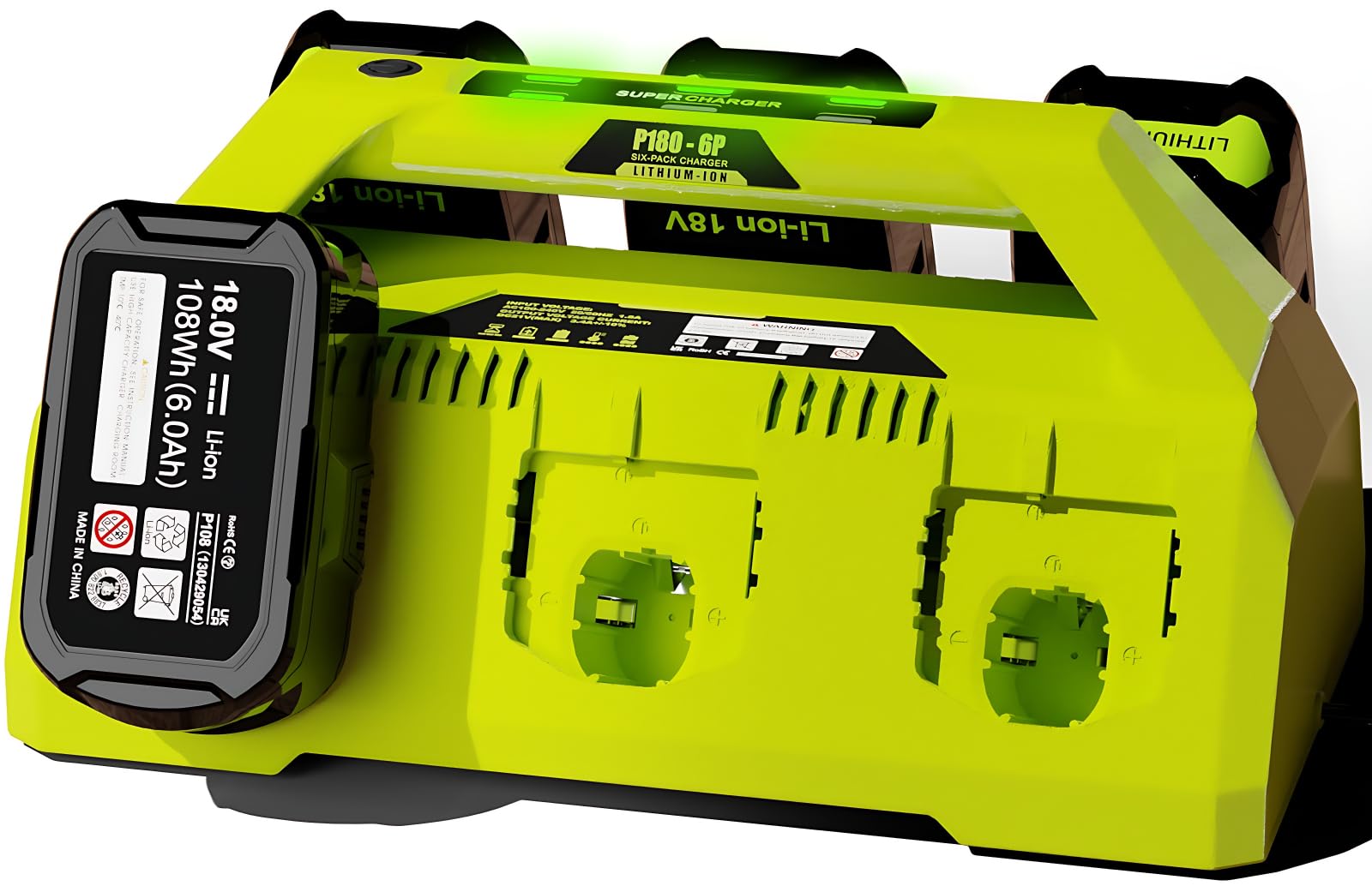 6-Ports Rapid Charger Replace for Ryobi P135 18V ONE+ Charger Compatible with for Ryobi 18V ONE+ Battery Lithium Ion P108 P107 P104 P105 P103