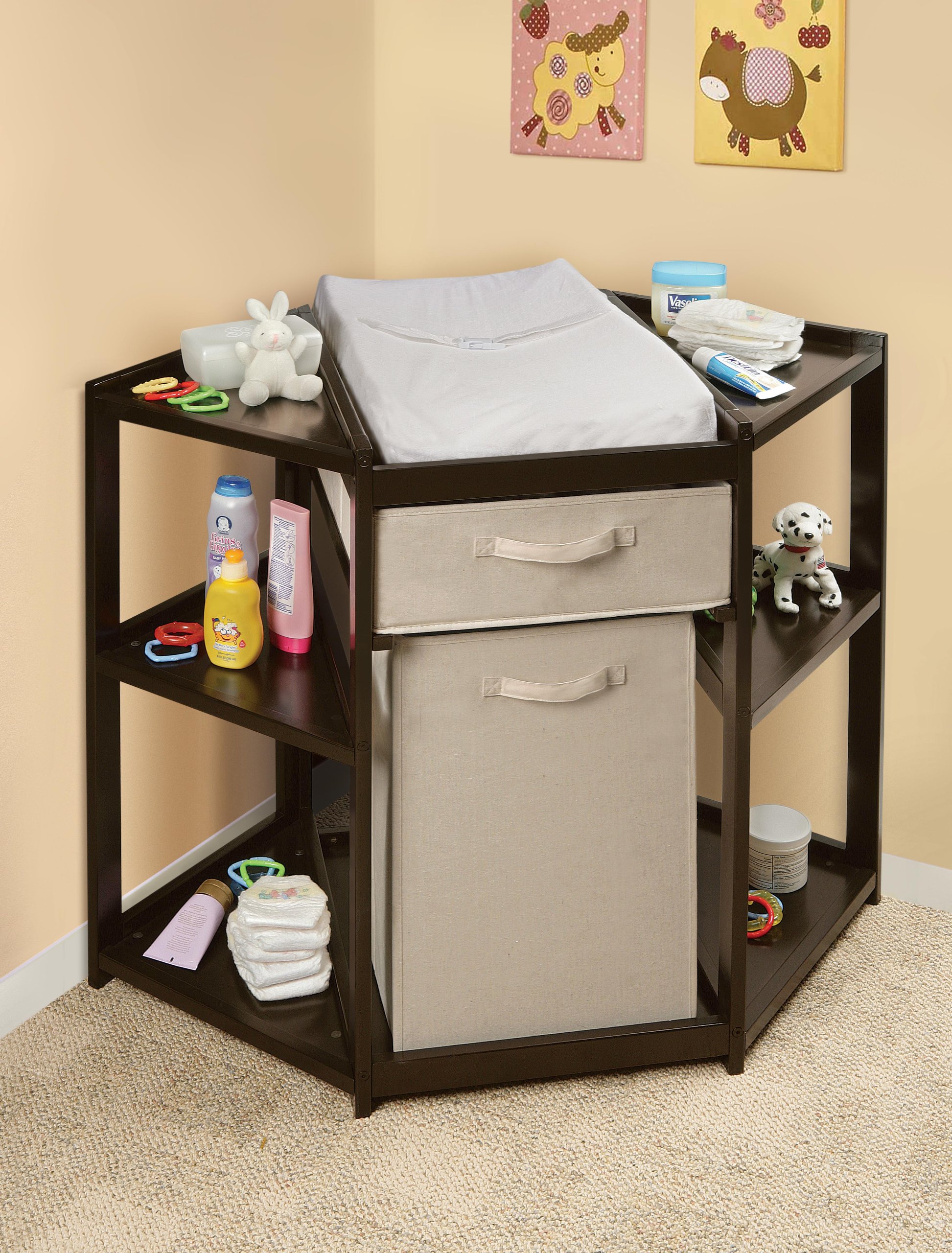 Badger Basket Corner Diaper Changing Table with Laundry Hamper, Storage Bin, and Contoured Pad for Baby - Espresso