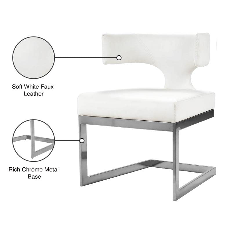Meridian Furniture Alexandra Collection Modern | Contemporary Upholstered Dining Chair with Durable Metal Base, 22" W x 22" D x 29" H, White Faux Leather, Chrome