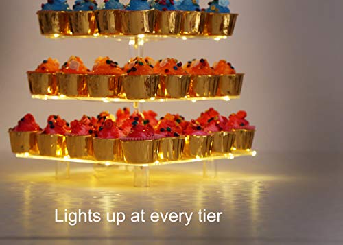 Jusalpha 5 Tier Square Cupcake Stand - Premium Cupcake Holder - Acrylic Cupcake Tower - Ideal for Weddings Birthday Parties, Candy Bar Decor 5SF-S (LED Light Option: Battery)…