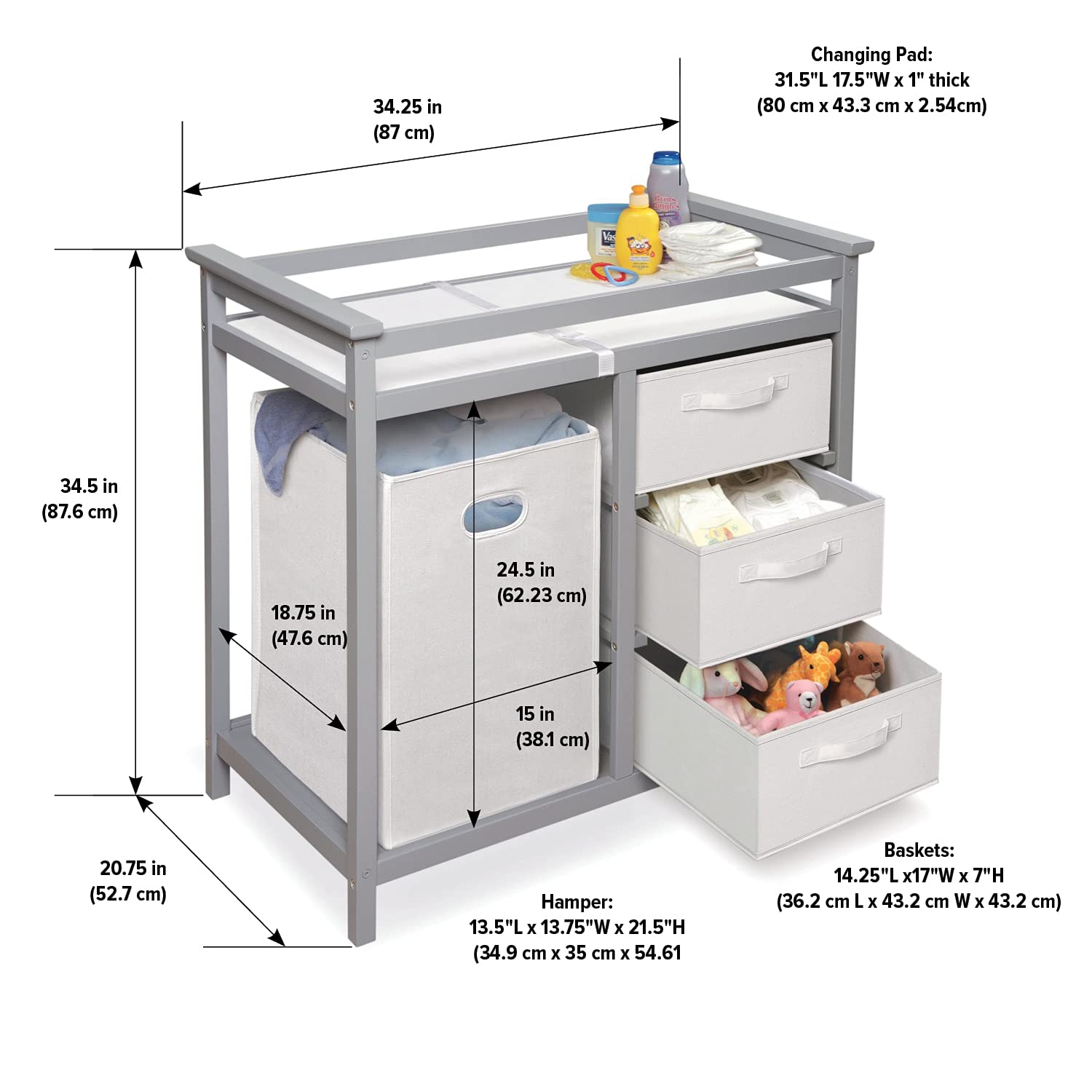 Badger Basket Modern Baby Changing Table with Laundry Hamper, 3 Storage Drawers and Pad, Diaper Change Station - Gray/White