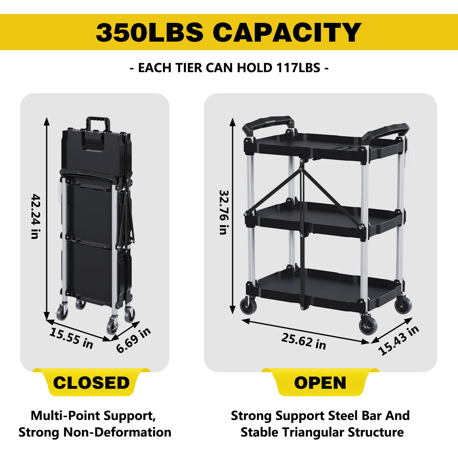 3 Tier Portable Folding Service Cart,Foldable Cart with Wheels,350BLS Folding Plastic Cart for Garage,Workshop & Industrial Use (Black)