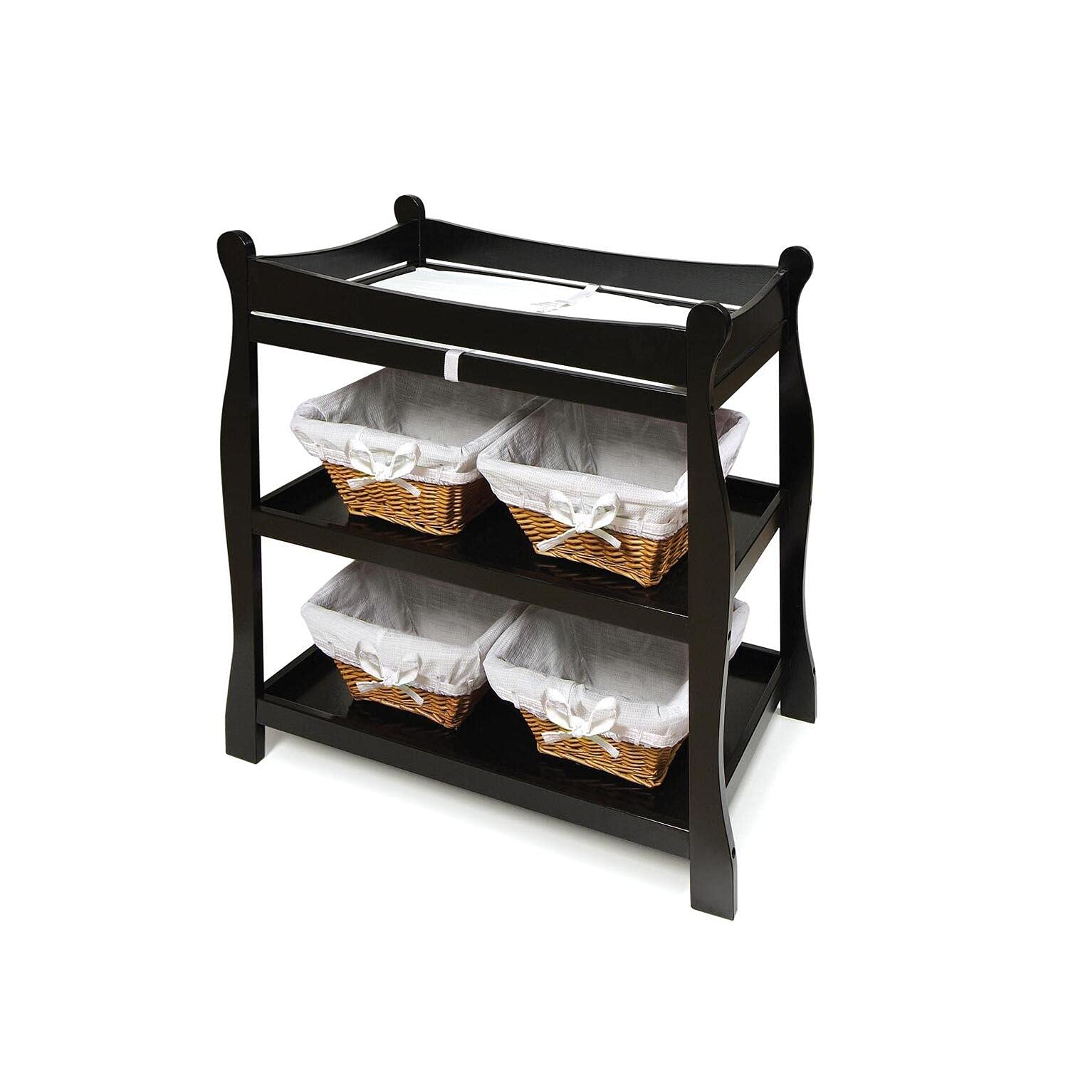 Badger Basket Sleigh-Style Baby Changing Table with Changing Pad and Safety Belt- Espresso Finish, Elegant Design with Ample Storage for Diapers and Baby Essentials