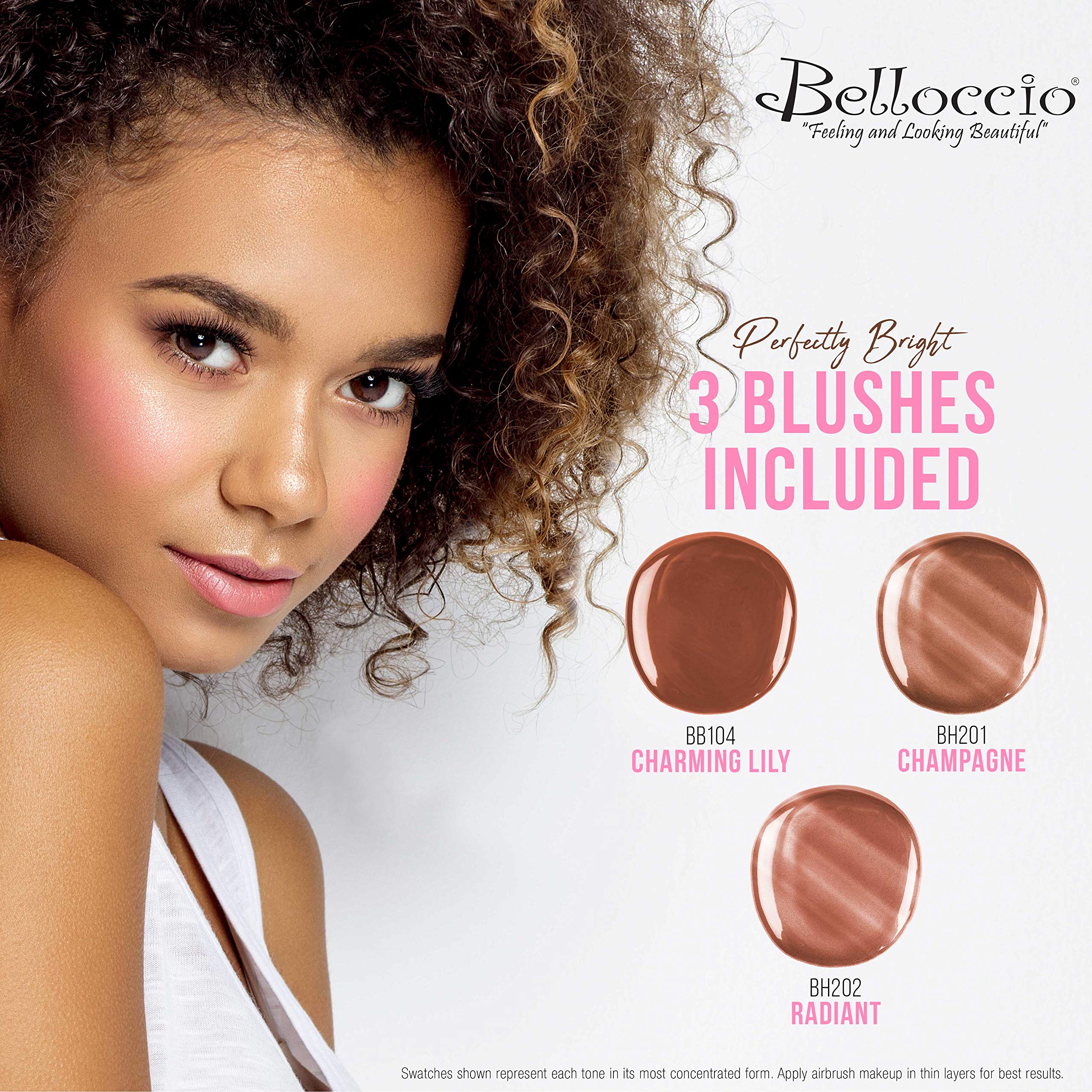 Belloccio Professional Beauty Airbrush Cosmetic Makeup System with 4 Medium Shades of Foundation in 1/4 Ounce Bottles - Kit Includes Blush, Bronzer and Highlighters
