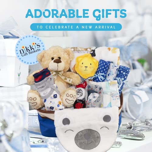 Joyful Arrival Deluxe Baby Boy Gift Set, Baby Layette Set with 21-Piece New Baby Essentials and Canvas Diaper Organizer for Expecting Moms and New Parents, Blue - Nikki’s Gift Baskets