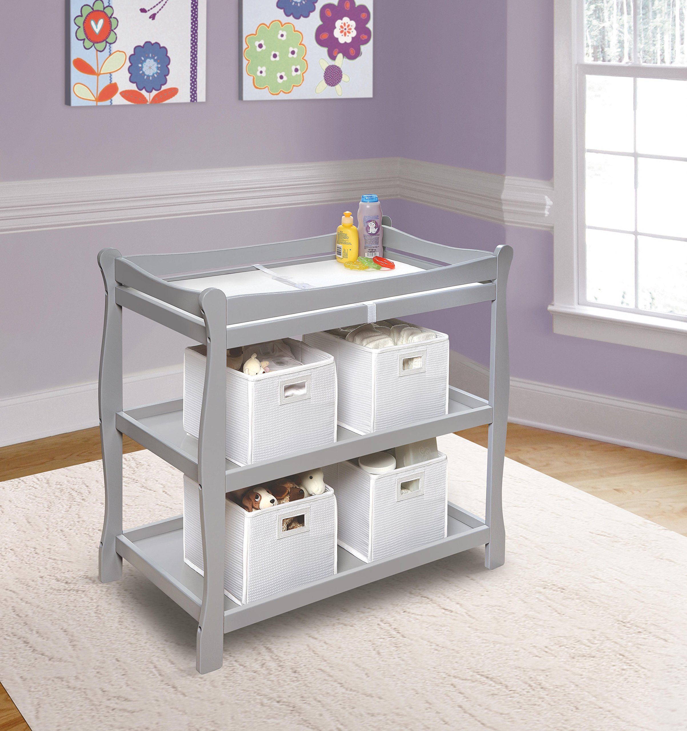 Badger Basket Sleigh Style Baby Changing Table with Pad, Nursery Furniture with Storage - Gray