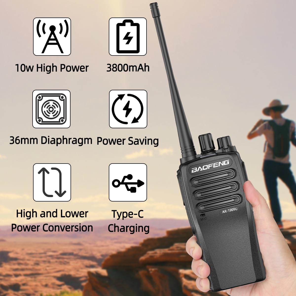 2Pack Baofeng AR-1909U Powerful Walkie Talkie Long Distance Ham Radio Handheld Portable Two Way Radio with AR-771 Antenna Type-C Charging Cable