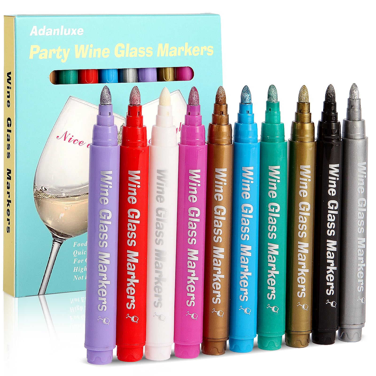 Adanluxe Metallic Wine Glass Markers, Set of 10 Food Grade Non-Toxic Window Markers for Glass Washable, Premium Paint Pens Used on Car Window, Mirror, Ceramic, Black Scrapbook, Rock and Wood,Glass Pen