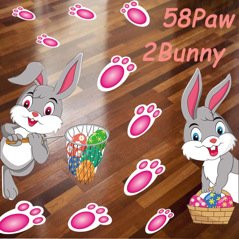 FINGOOO 60PCS Easter Bunny Footprint Stickers Bunny Paw Print Decal for Egg Hunt Game and Easter Decoration