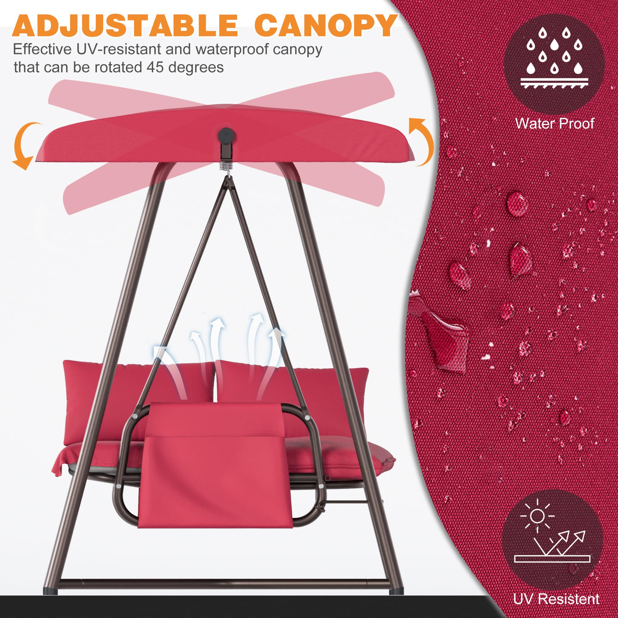 3 to 4 Seat Porch Swing, 2-in-1 Outdoor Swing Bed with Adjustable Backrest Canopy 800 lbs Capacity Patio Swing Chair with Stand Cushions Pillows for Backyard