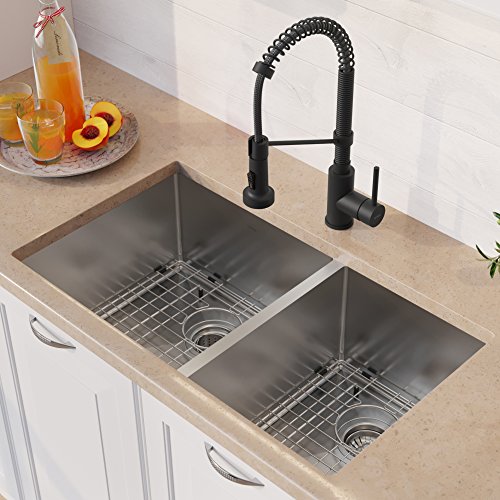KRAUS 33-inch 16 Gauge Double Bowl 60/40 Standart PRO Kitchen Sink Combo Set with Matte Black Bolden 18-inch Kitchen Faucet and Soap Dispenser, KHU103-33-1610-53MB