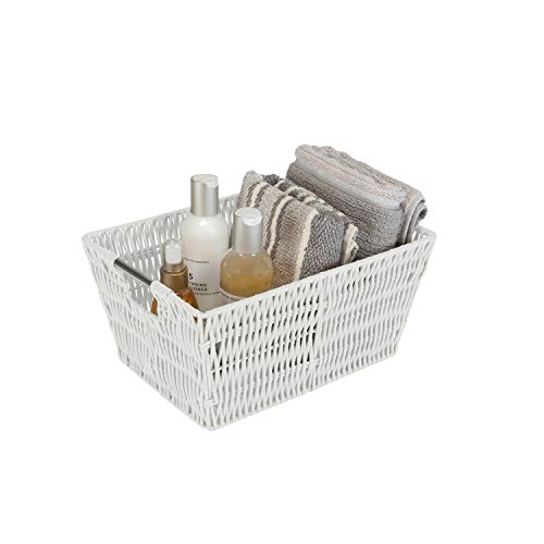 Simplify 3 Pack Set Woven Baskets with Handles, for Storage, Blankets, Toys, Books, Ideal for Home, Office, Dorm, Playroom, Closet, in White 3 Piece Rattan Tote