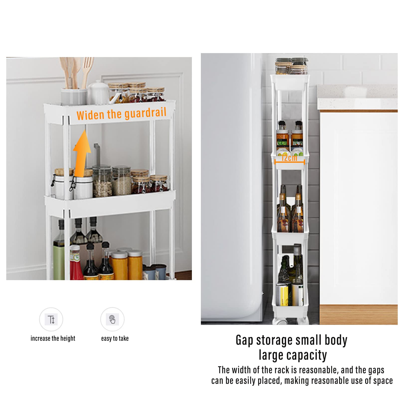 4 Tier Kitchen Bathroom Storage Rolling Cart 39 Inches Tall Slim Utility Rolling Shelf Cart with 4 Universal Wheels Coner Storage Shelves Cart White