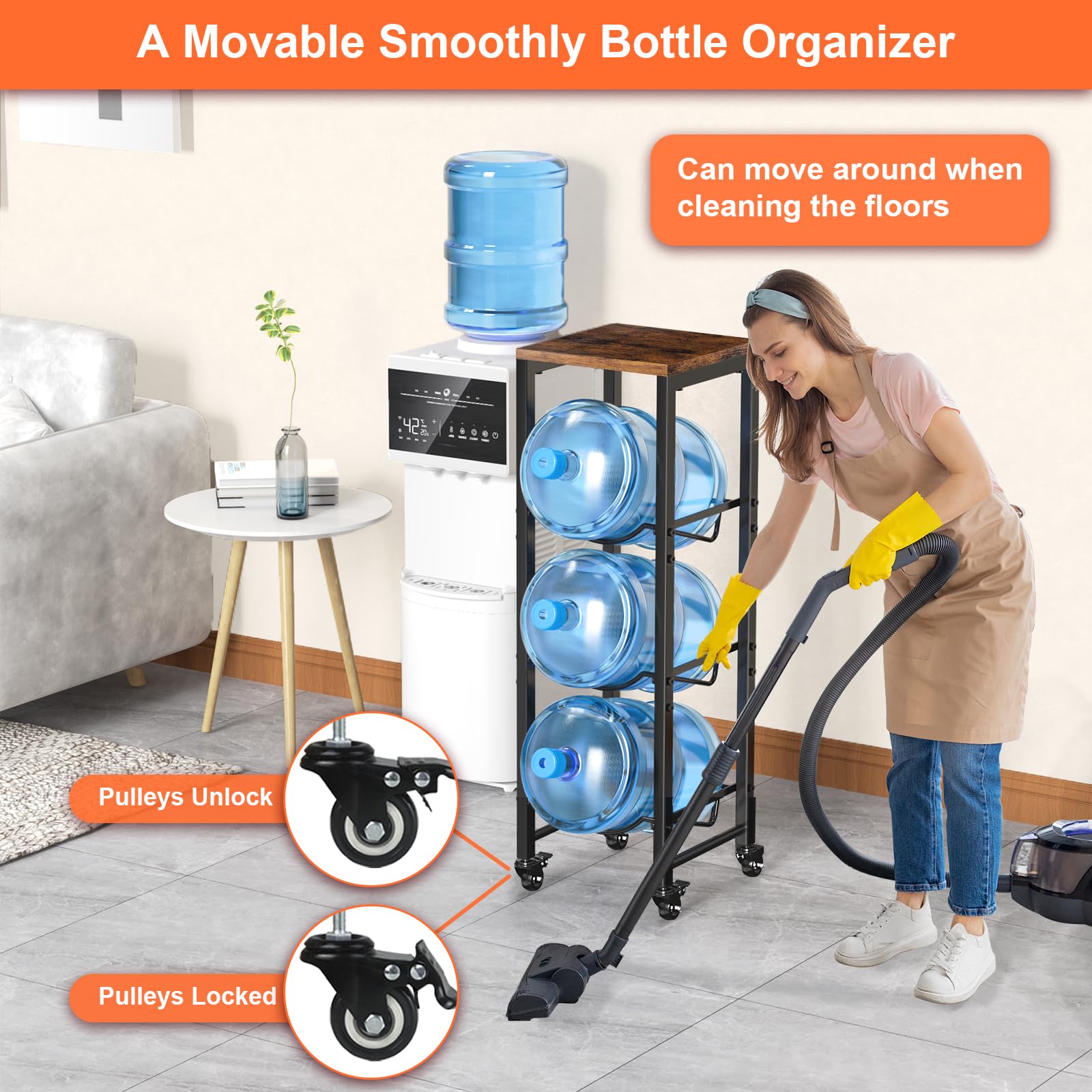 5 Gallon Water Bottle Jug Holder 3-Tier Water Bottle Holder Organizer with Lockable Casters Heavy Duty Water Storage Rack Water Dispenser Stand With Wood Top Shelf for Kitchen Office Garage Brown