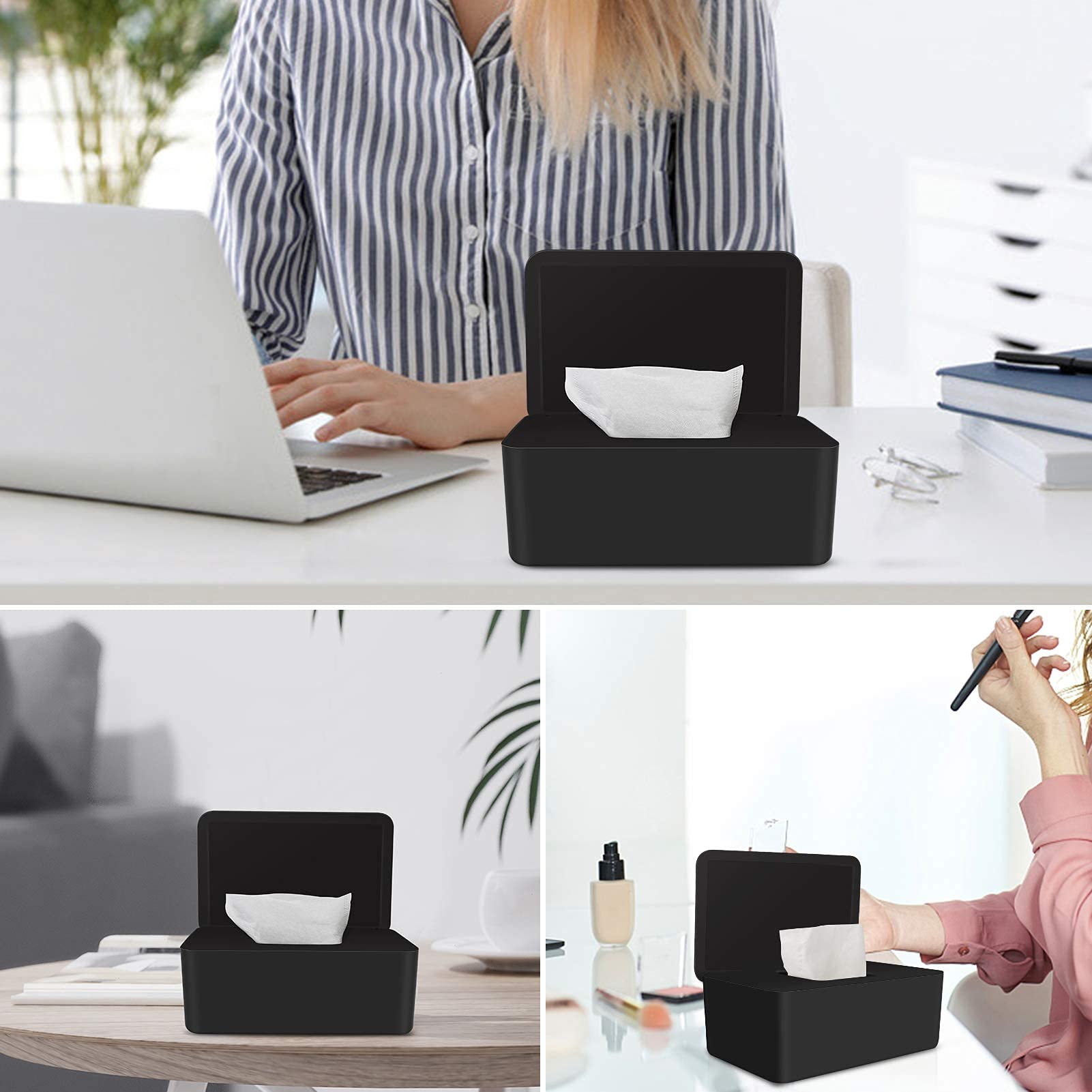 LEFUYAN Wipes Dispenser, Dustproof Tissue Storage Box Case Wet Wipes Dispenser Holder with Lid for Home Office Desk (Black)