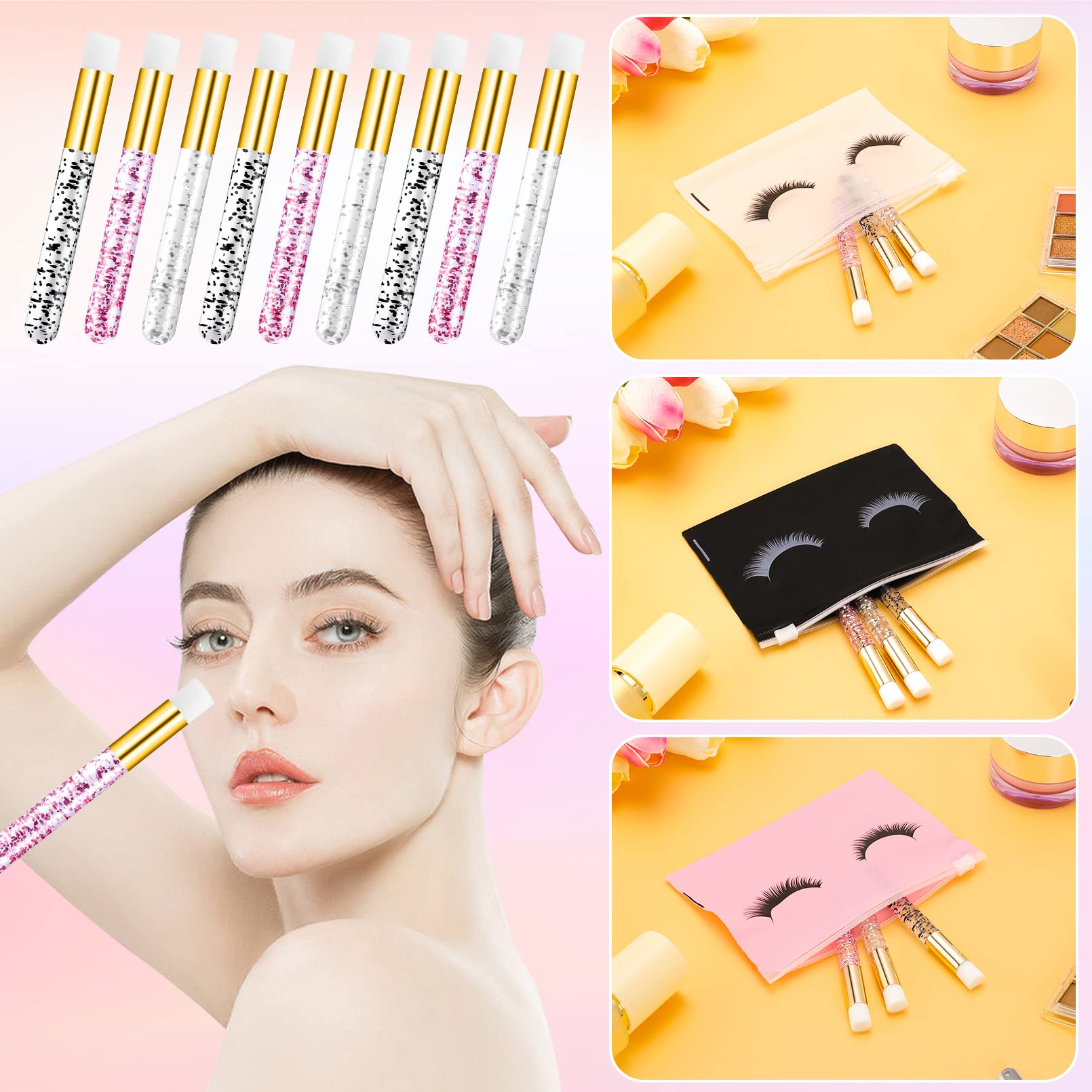 60 Pcs Lash Shampoo Brushes Set,Eyelash Aftercare Bags,Cosmetic Lash Bags for Clients,Lash Brushes for Cleansing,Nose Pore Deep Cleaning Brush,Eyelash Brushes for Eyelash Extensions (Glitter Style)