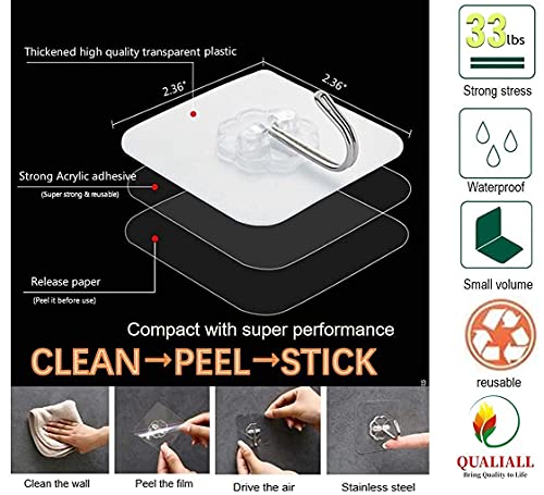 QUALIALL Adhesive Hooks, 20 Packs, 33lbs/15kg Premium Heavy Duty Wall Ceiling Hooks for Hanging, Damage Free, Clear Sticky Hanger for Kitchen, Bathroom Shower Outdoor Use.