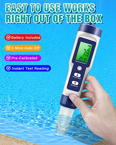 5 in 1 TDS Meter, Pool Salt Tester, 0.01 High Accuracy Digital PH Meter for Water, PH/TDS/EC/Salt/Temp Tester, PPM Meter Water Tester for Drinking Water, Hydroponics, Plants, Aquarium and Pool