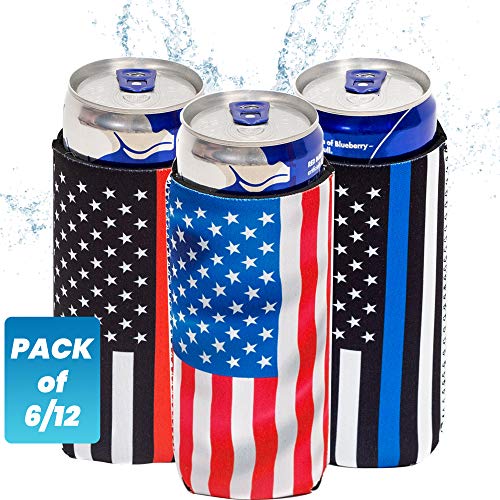 QualityPerfection Slim Can Cooler Sleeves (12 Pack) Black Flag with Thin Red Line Beer/Energy Drink Blank Skinny 12 oz 4mm Neoprene Holder (Firefighter)