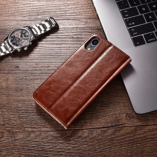 ICARERCASE iPhone XR Wallet Case, Premium Leather Case Built-in Credit Card and Cash Slots, Folio Flip Cover with Kickstand Support Wireless Charging for Apple iPhone XR (2018) 6.1 inch- Brown