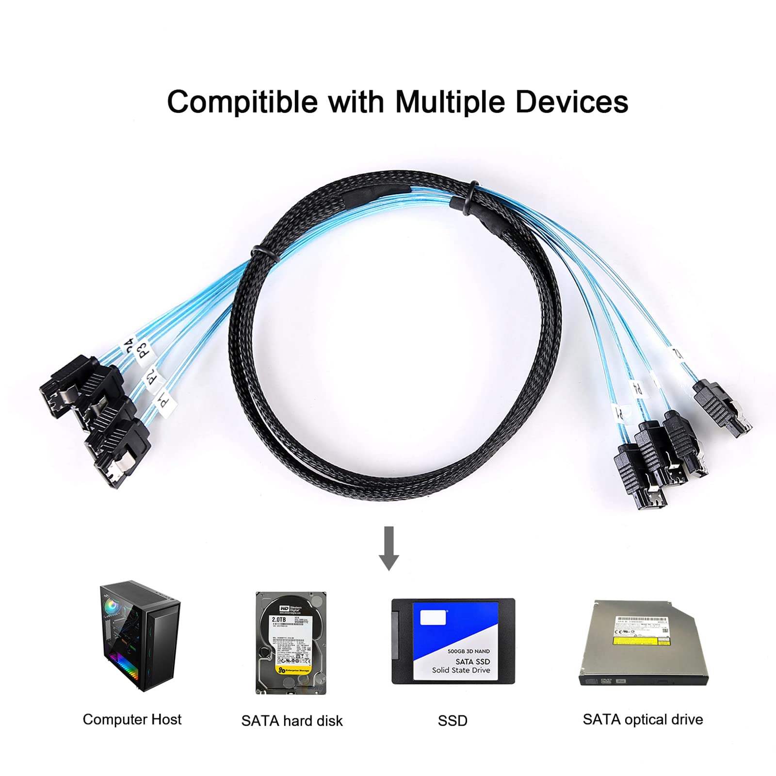 ADCAUDX SATA-III Cable-1M, 4Pcs/Set-SATA-6Gbps HDD-SDD Data-Cable Replacement for Server Bitcoin Computer SSD HDD CD DVD Drives Raid (3.3FT)