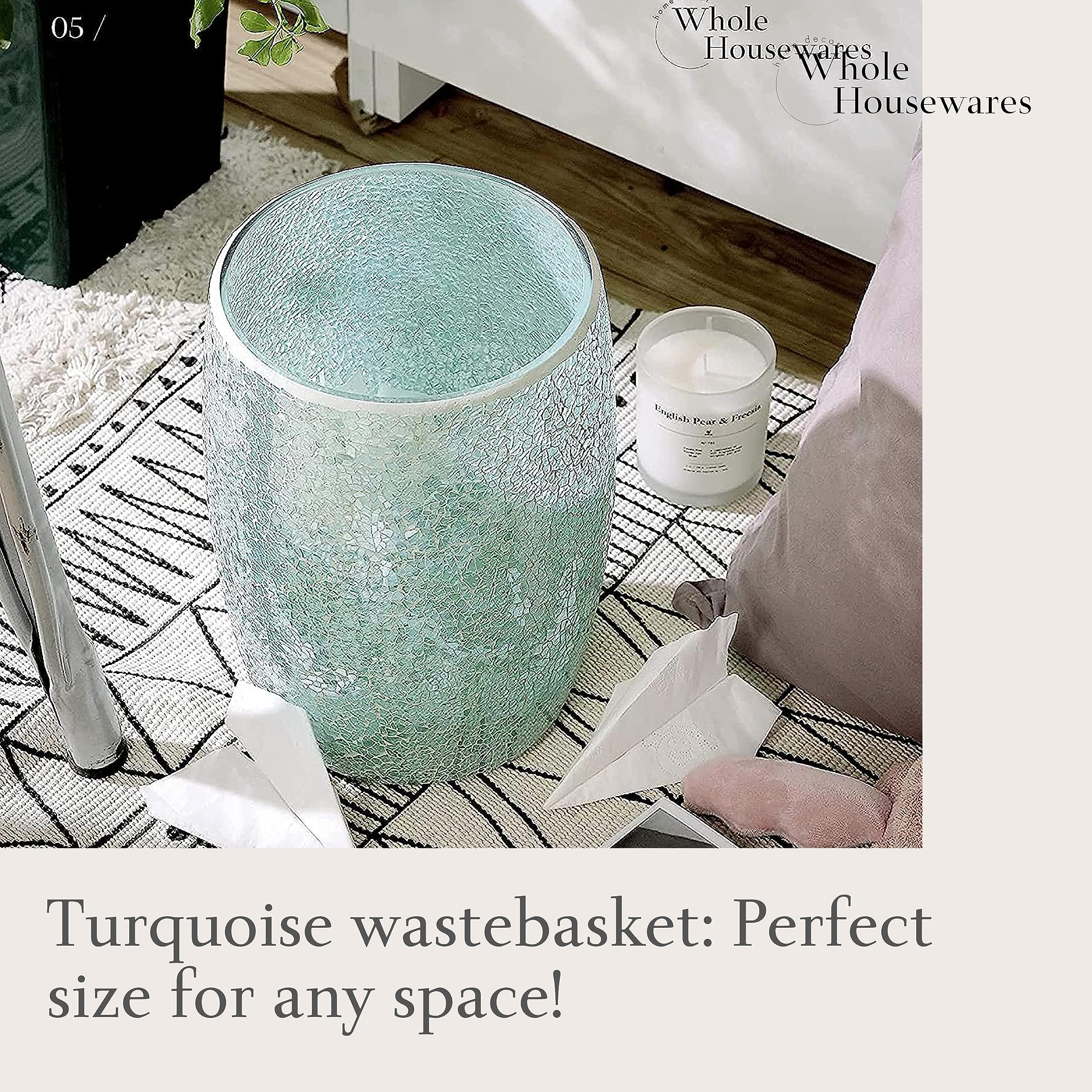 WHOLE HOUSEWARES Mosaic Wastebasket - Glass Decoration Bathroom Trash Can - Shiny Finish Bathroom Accessory - 7.5" x 10" - Turquoise