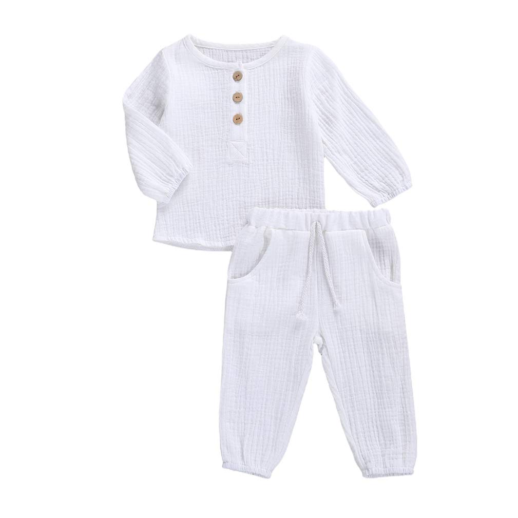 Toddler Baby Boy Girl Cotton Linen Pants Set Solid Long Sleeve T Shirt Top Drawstring Elastic Waist Pants Outfit (A-White, 12-24M)