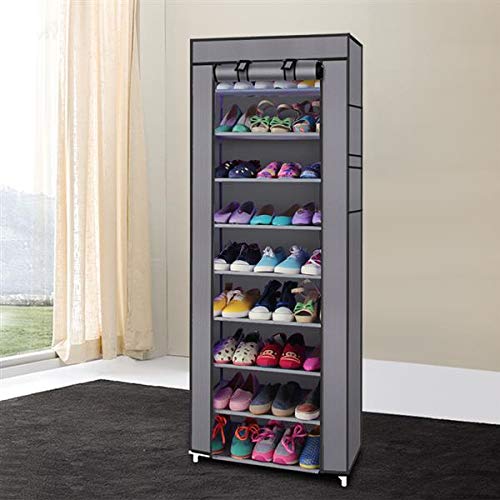 9 Tier Shoe Rack, Space Saving Portable Shoe Rack Storage Organizer, 10 Tiers 9 Lattices Non-Woven Waterproof Fabric Cover Shoe Rack (Grey, 10 Tiers 9 Lattices)