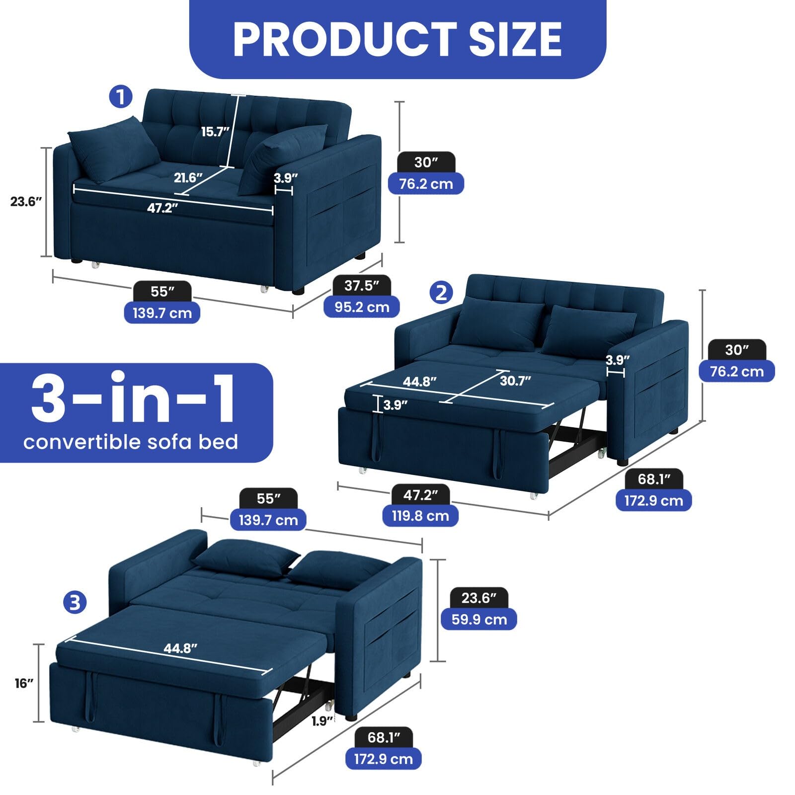 55-Inch 3-in-1 Convertible Sofa Bed - Pull-Out Sleeper Sofa with Cat-Scratch-Proof Fabric, Reclining Backrest, and Side Pocket - Stylish Blue Loveseat for Living Room, Full Size