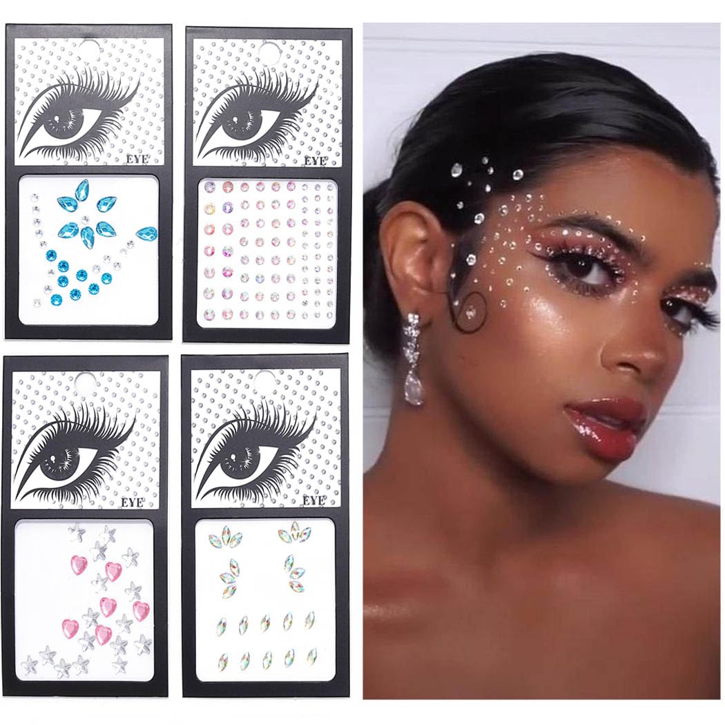 Fstrend Glitter Rhinestones Face Gems Mermaid Body Stickers Crystals Face Jewels Tattoo Sticker Clubwear Party Rave Festival Body Jewelry for Women and Girls(4 Pcs)
