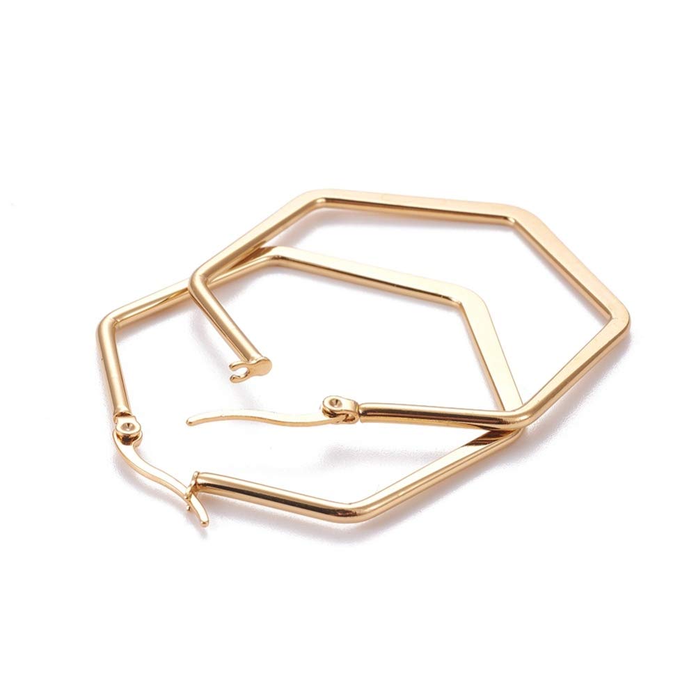304 Stainless Steel Hoop Earrings Hexagon Gold 45.5x41x2m 0.7x1mm P207