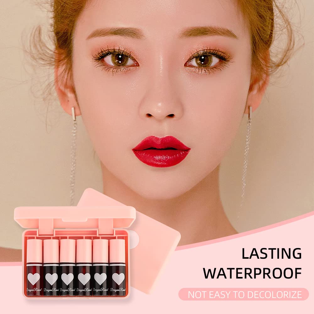 6 Colors Lip Tint Stain Set,Korean Lip Gloss Lip Tint Stain Plumping Mini Liquid Lipstick,Multi-use Lip and Cheek Tint,Long lasting Non-Stick Cup Waterproof,High Pigment, Vivid Color, Lip Color Makeup