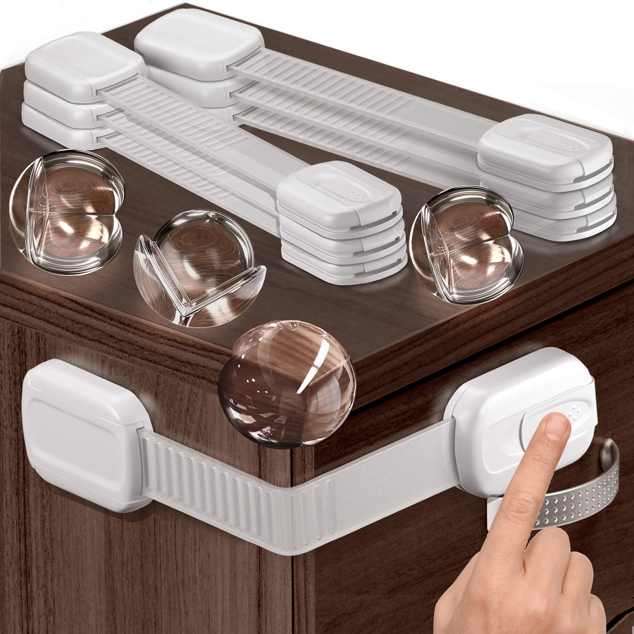 Baby Safety Cabinet Locks (6 Pack + 4 Guards) 3M Adhesive Child Proofing Latches, to Baby Proof Cupboard, Drawers, Fridge, Toilet Seat, Dishwasher, Adjustable Kids Proofing Straps