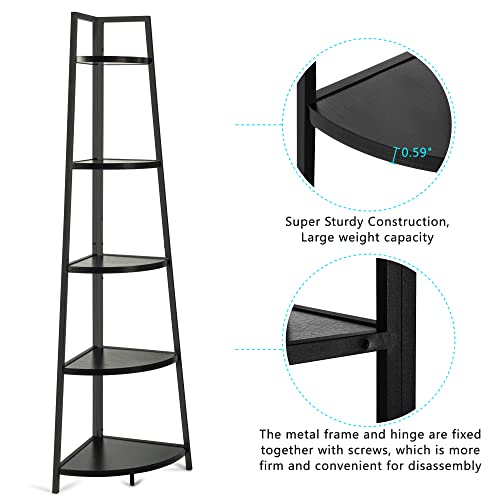 Acllkswx 70 inch Rustic Corner Shelf 5 Tier Tall Corner Bookshelf Bookcase Plant Stand for Living Room, Kitchen, Home Office (Black)