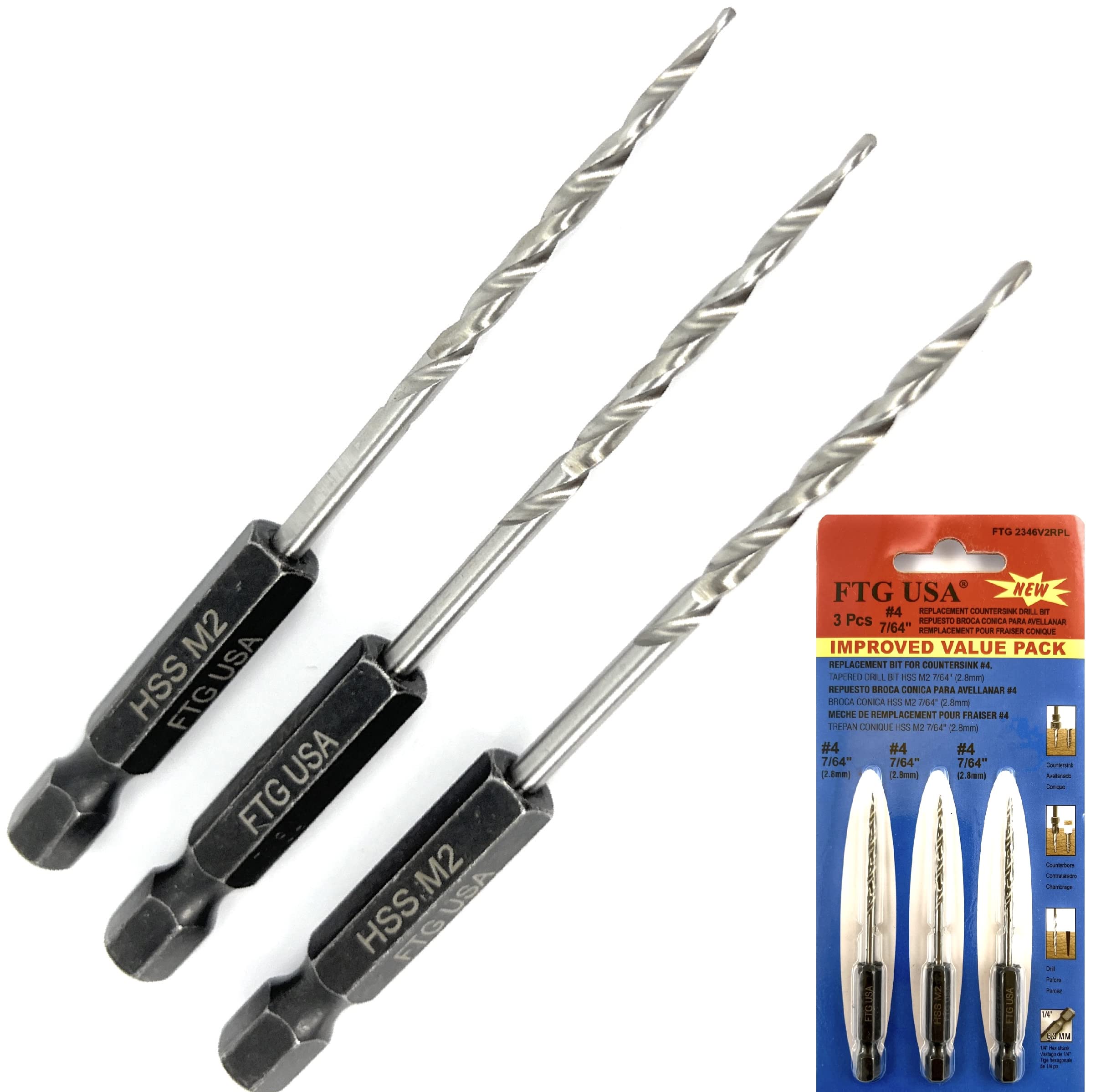 FTG USA Tapered Countersink Drill Bit Set 3 Pc #4 (7/64") Tapered Drill Bit Replacement, Countersink Bit Same Size for Wood Countersink Drill Bits