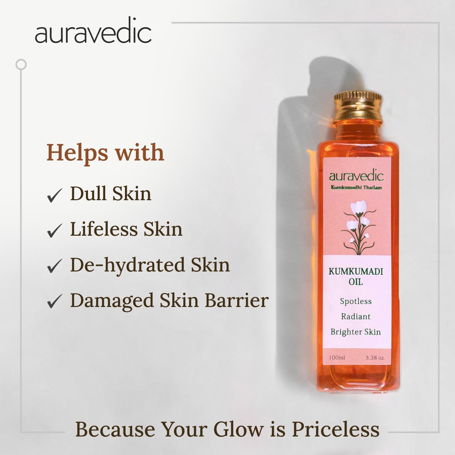 Auravedic Kumkumadi Oil Pure Saffron For Ultra Radiant Skin, 3.38 Fl Oz (100ml)